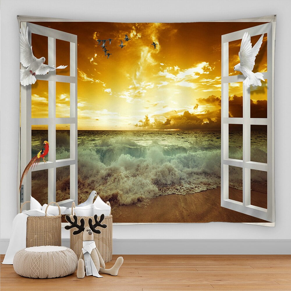 Imitation Window Landscape Tapestry Wall Hanging Palm Tree Sea Beach ...