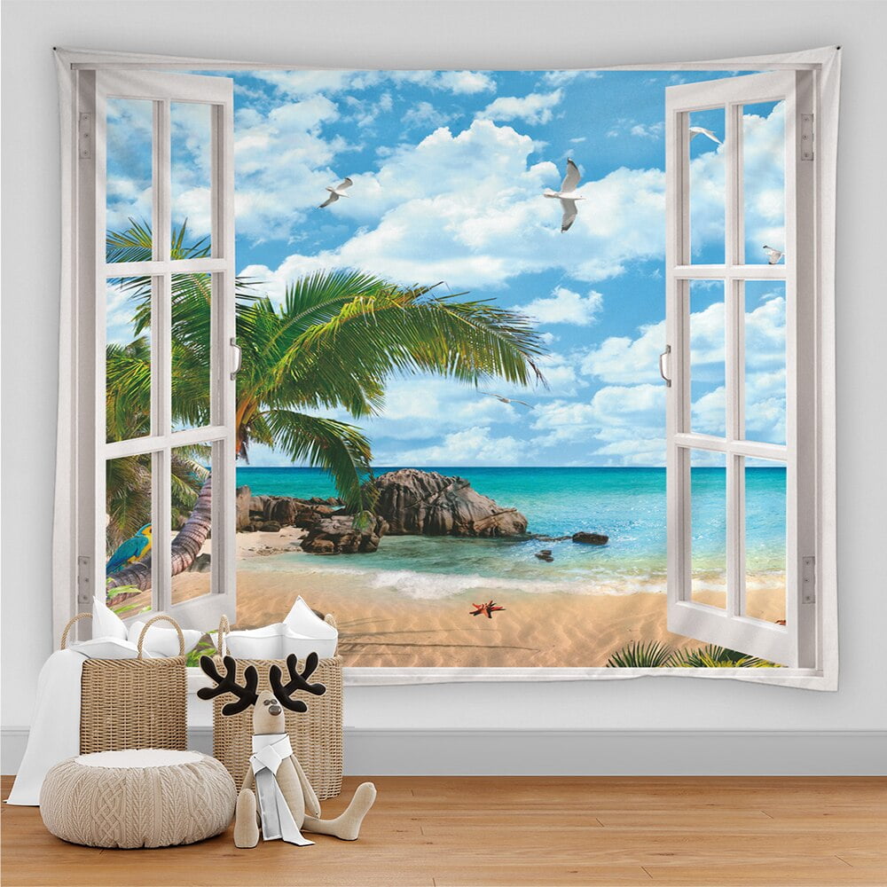 Imitation Window Landscape Tapestry Wall Hanging Palm Tree Sea Beach ...