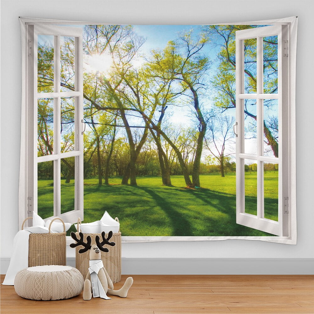 Imitation Window Landscape Tapestry Wall Hanging Palm Tree Sea Beach ...