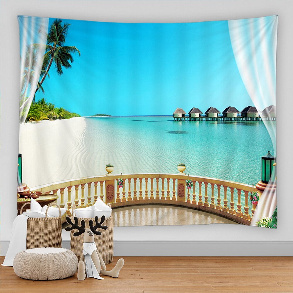 Imitation Window Landscape Tapestry Wall Hanging Palm Tree Sea Beach ...