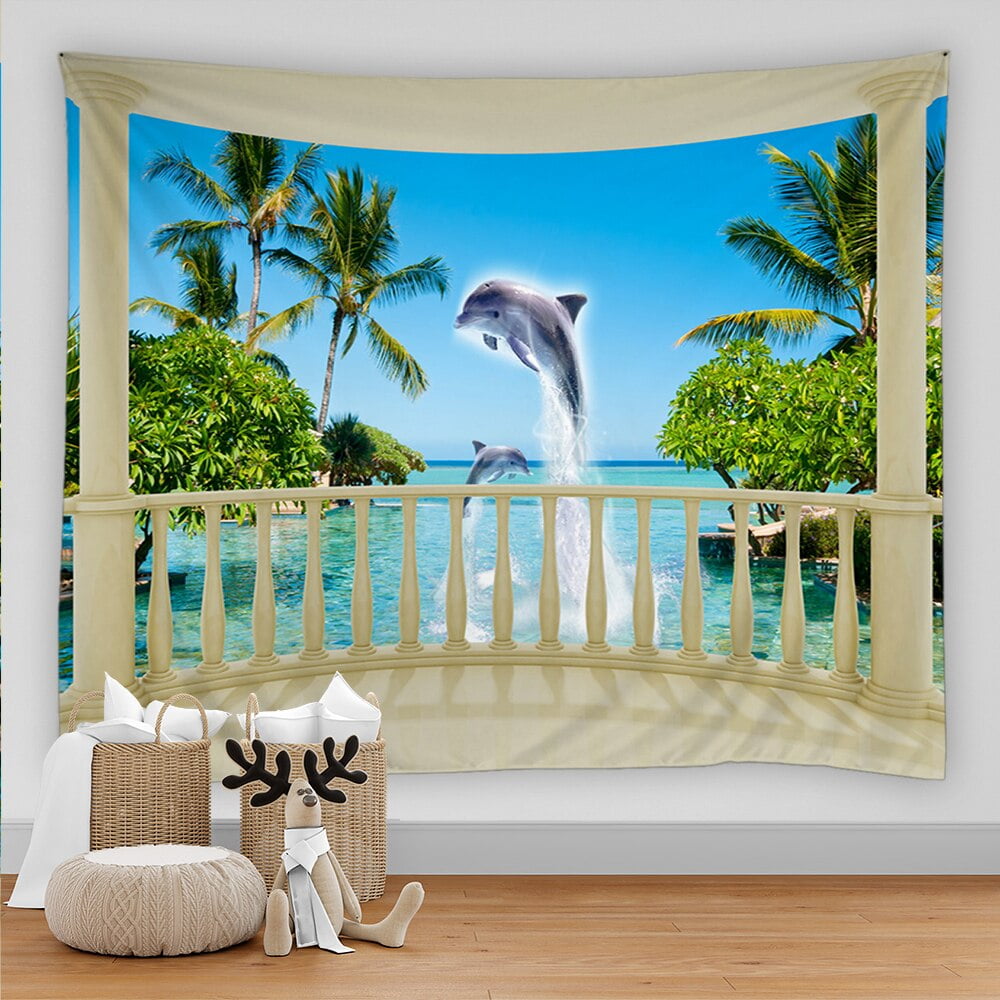 Imitation Window Landscape Tapestry Wall Hanging Palm Tree Sea Beach ...