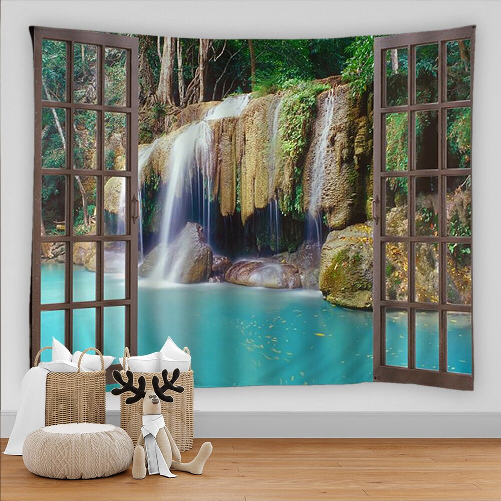 Imitation Window Landscape Tapestry Wall Hanging Palm Tree Sea Beach ...