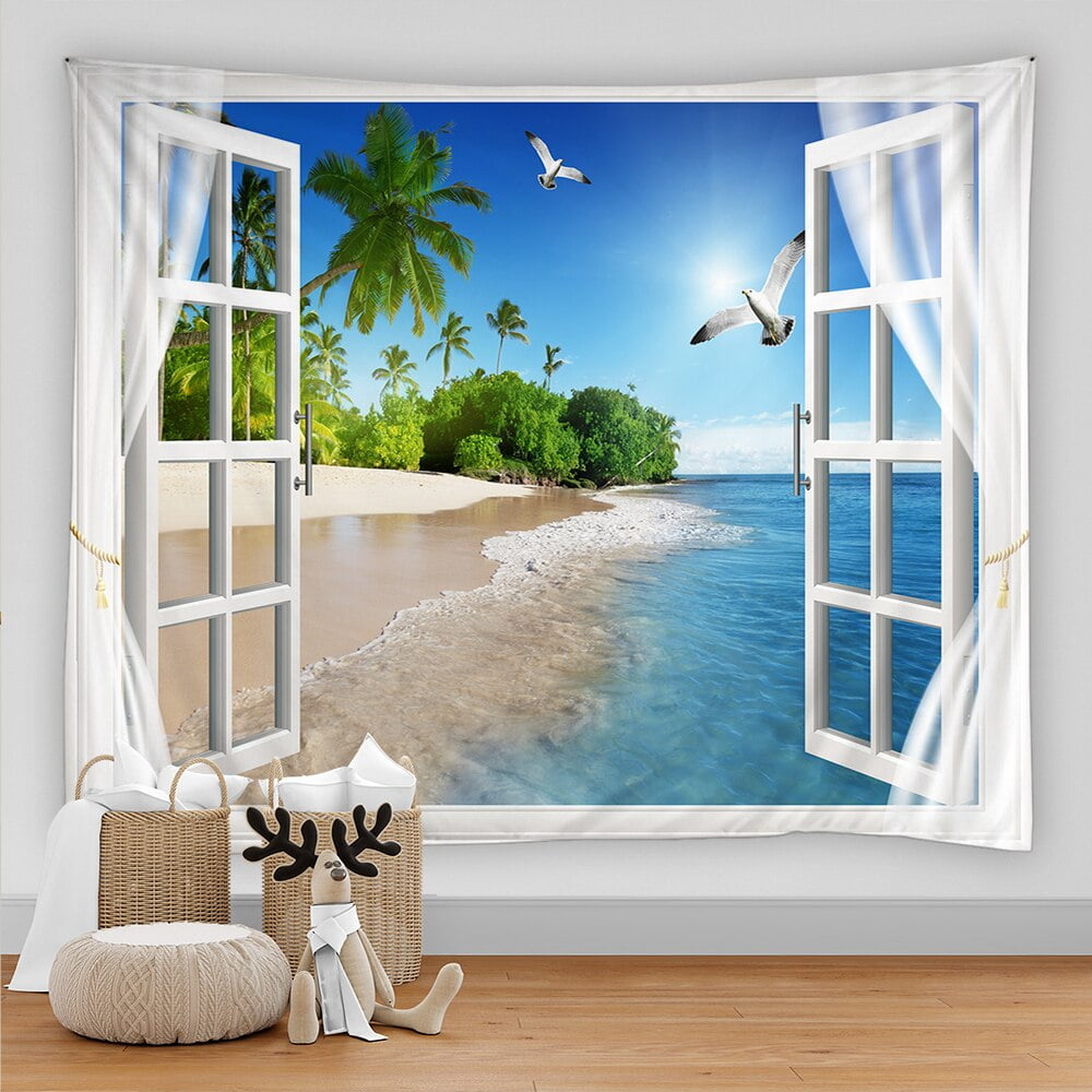 Imitation Window Landscape Tapestry Wall Hanging Palm Tree Sea Beach ...