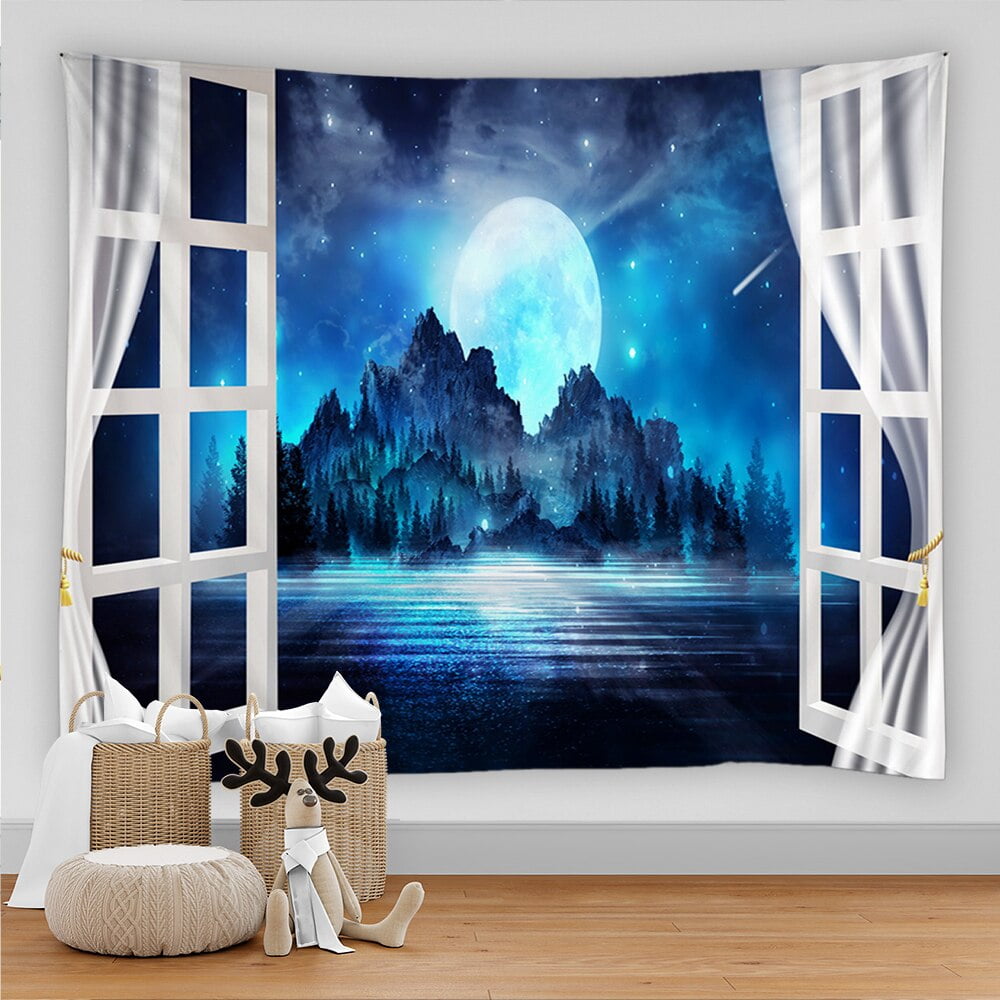 Imitation Window Landscape Wall Tapestry Wall Hanging Flowers Trees ...