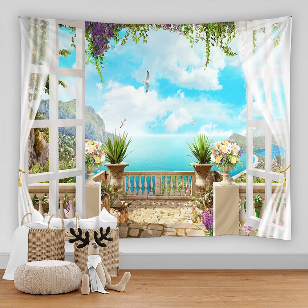 Imitation Window Landscape Wall Tapestry Wall Hanging Flowers Trees ...