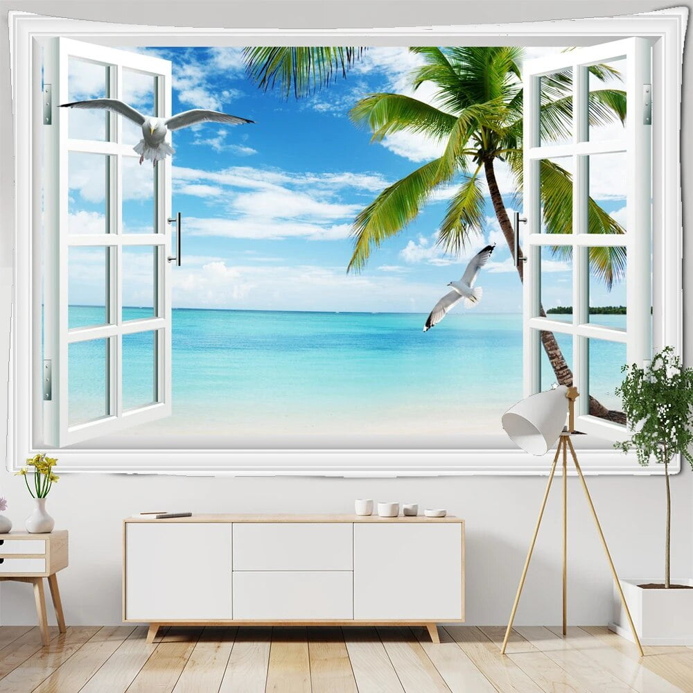 Imitation Window Scery Tapestry Wall Hanging Seaside Scery Dormitory ...