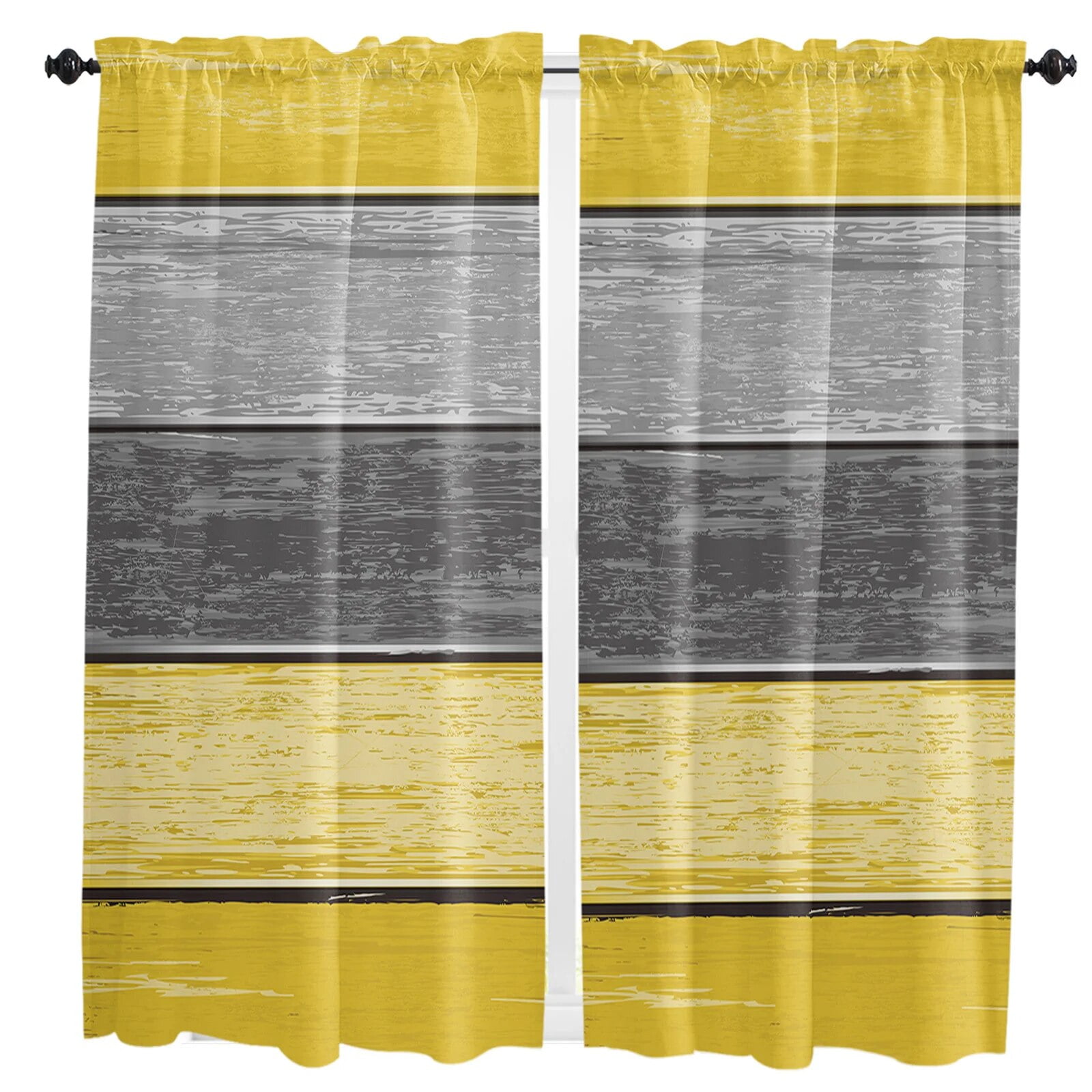 Imitation Wood Grain Yellow Gray Gradient Rod Pocket Short Curtain Half ...