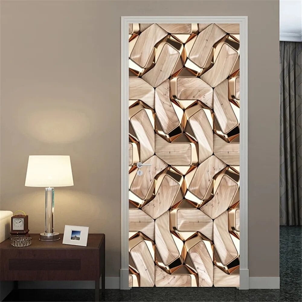 Imitation Wooden Door Modern Lines Door Sticker Abstract Art Mural ...