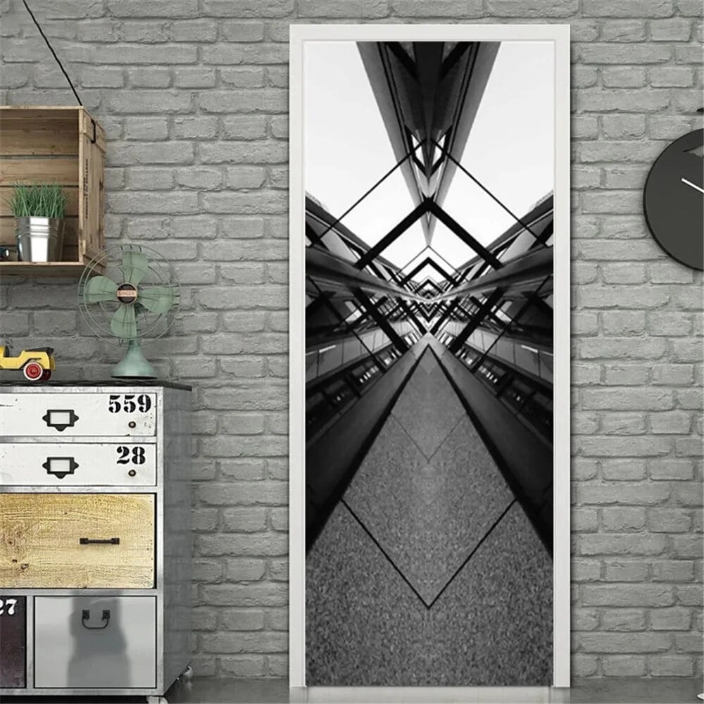 Imitation Wooden Door Modern Lines Door Sticker Abstract Art Mural ...