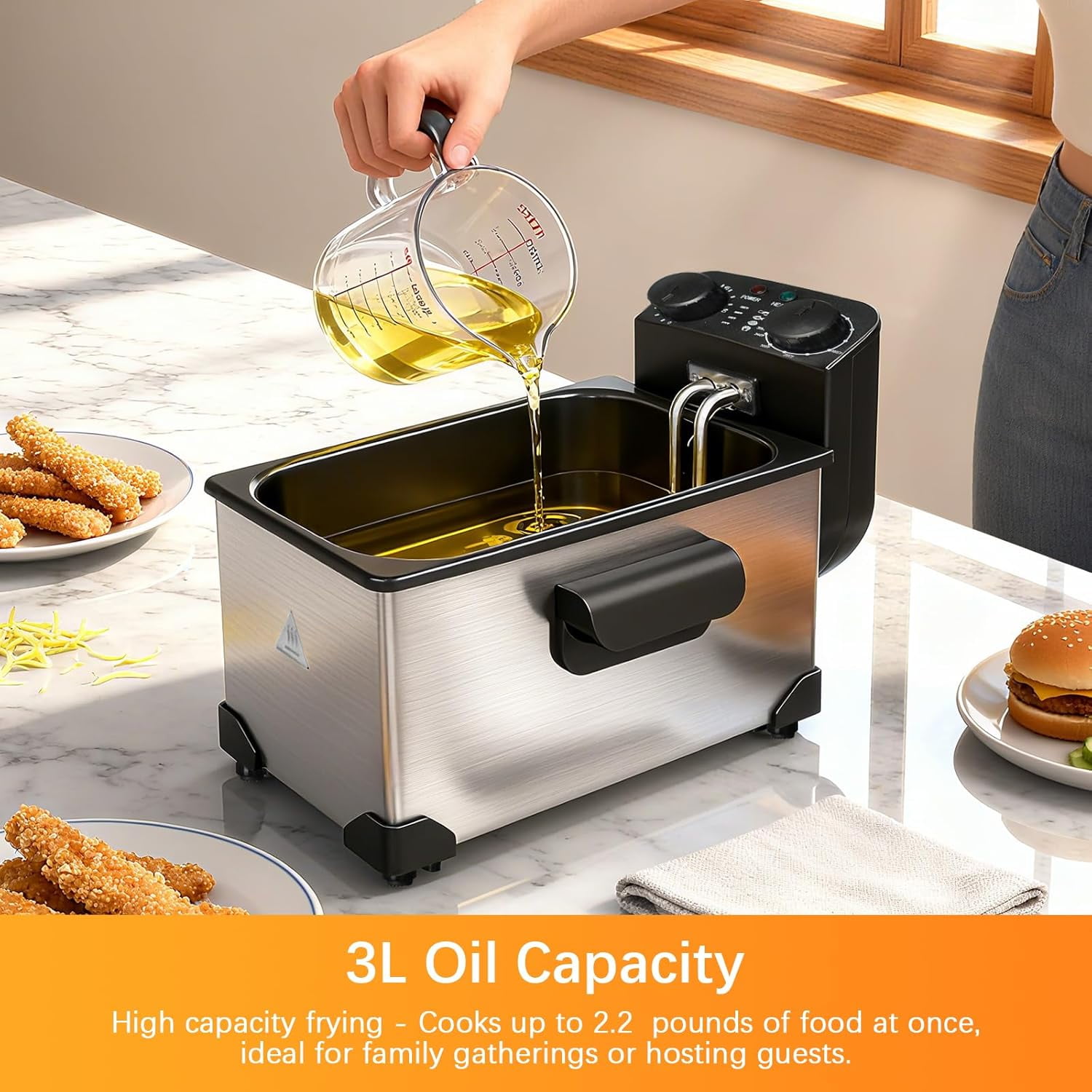 Immersion Deep Fryer with Basket, 1600W, 3L Small Deep Fryer with Timer ...