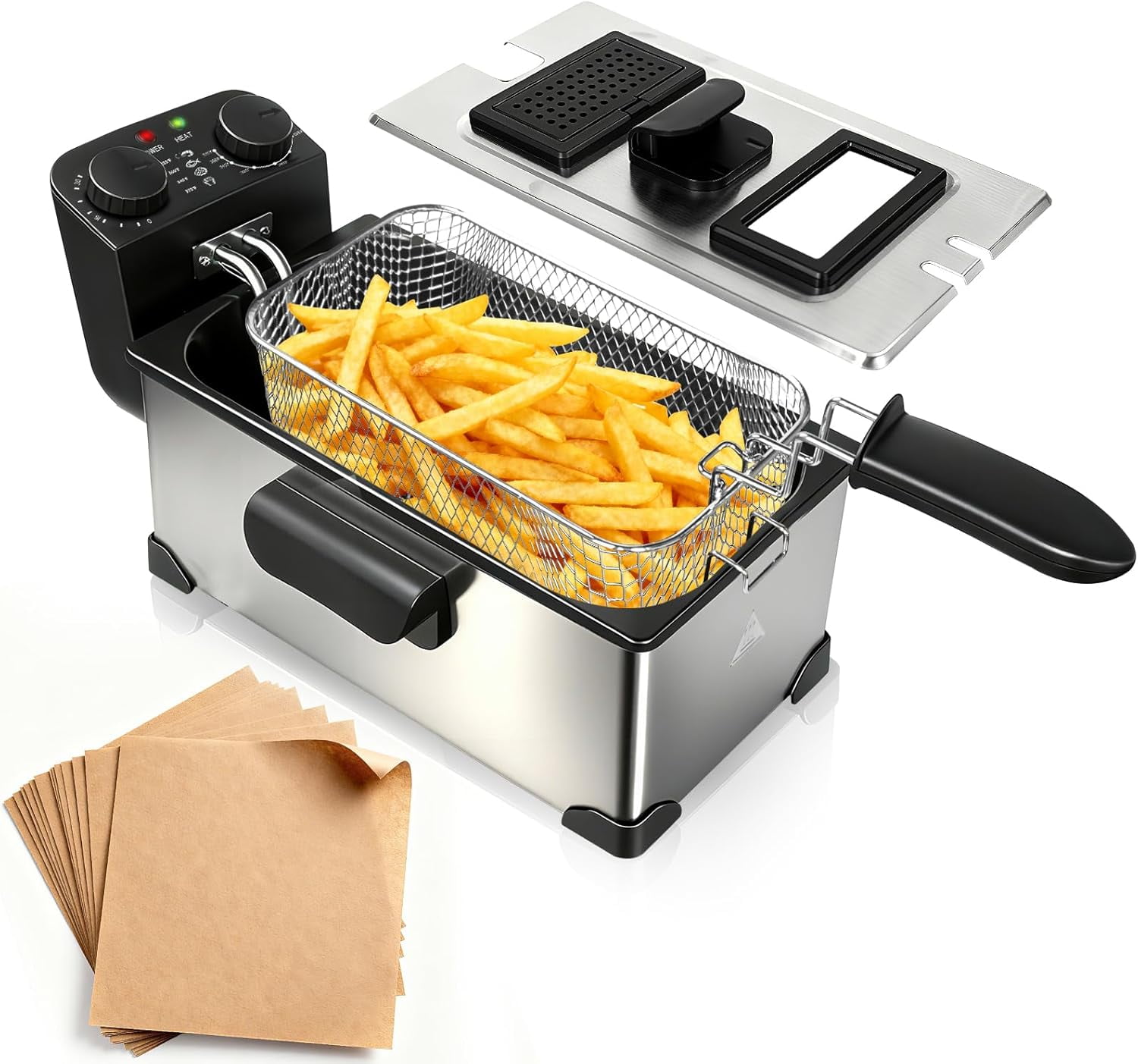 Immersion Deep Fryer with Basket, 1600W, 3L Small Deep Fryer with Timer ...