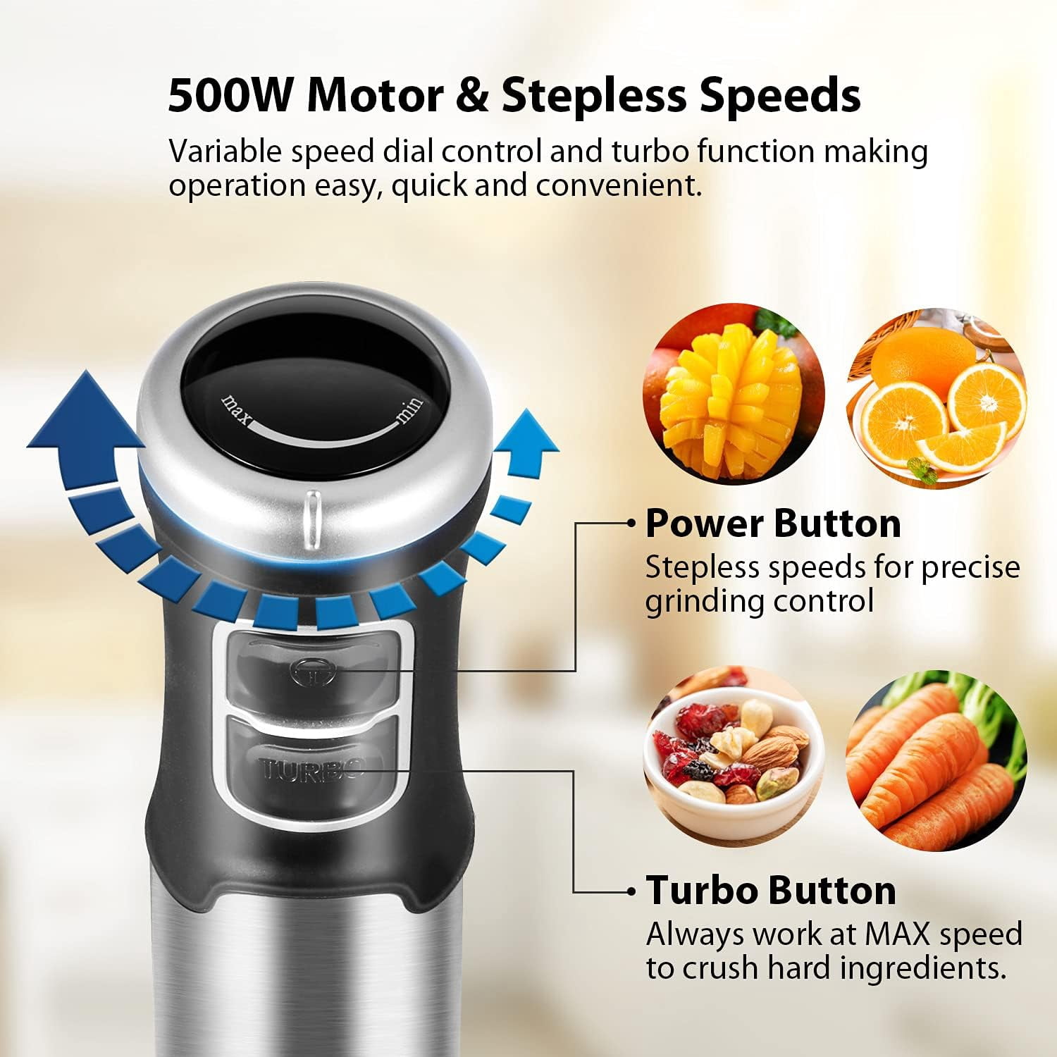 Immersion Hand Blender with 500W Motor and 4-in-1 Attachments for ...