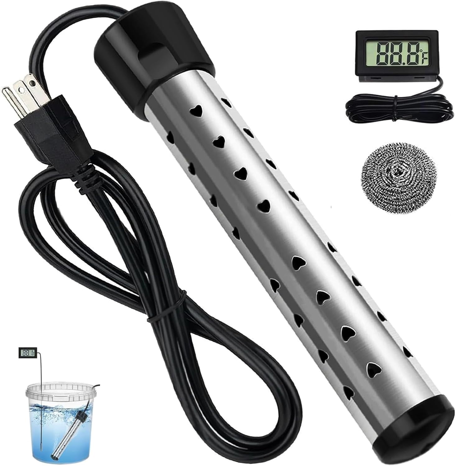 Immersion Water Heater, Electric Bucket Heater Stainless-Steel Portable ...