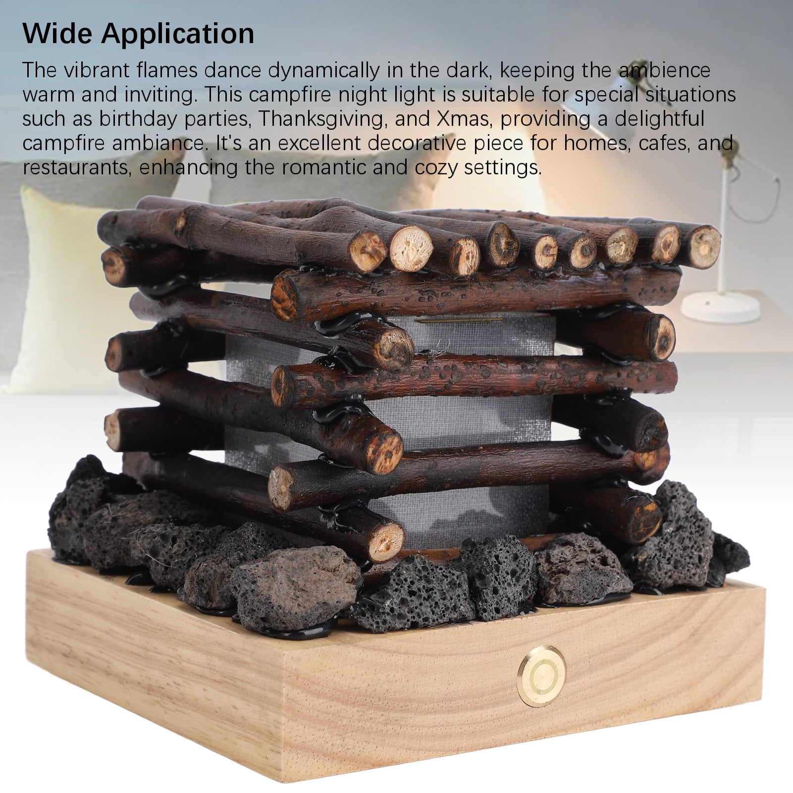 Immersive Campfire Lamp, Flickering LED, Built,In Sounds, Rubber Wood ...