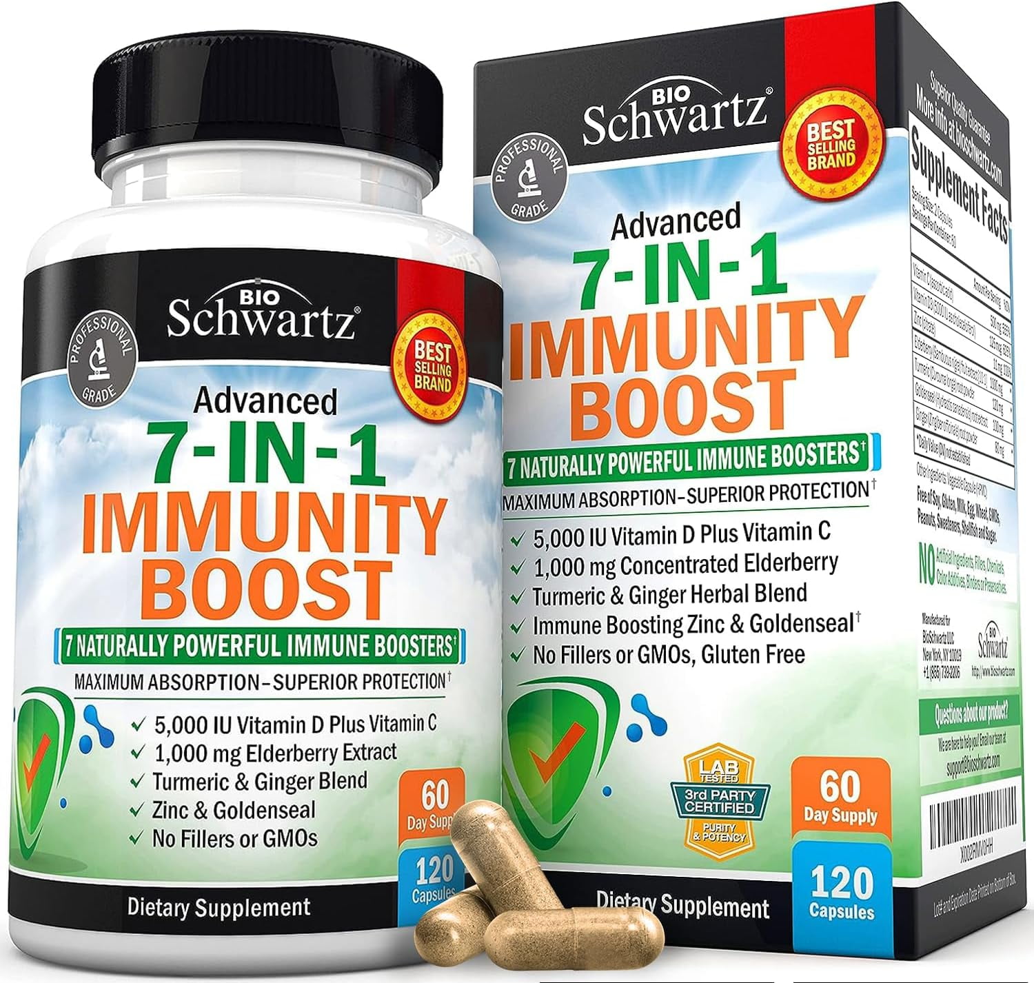 Immune Support Supplement with Zinc Vitamin C Vitamin D 5000 IU Elderberry Ginger D3 Goldenseal ...