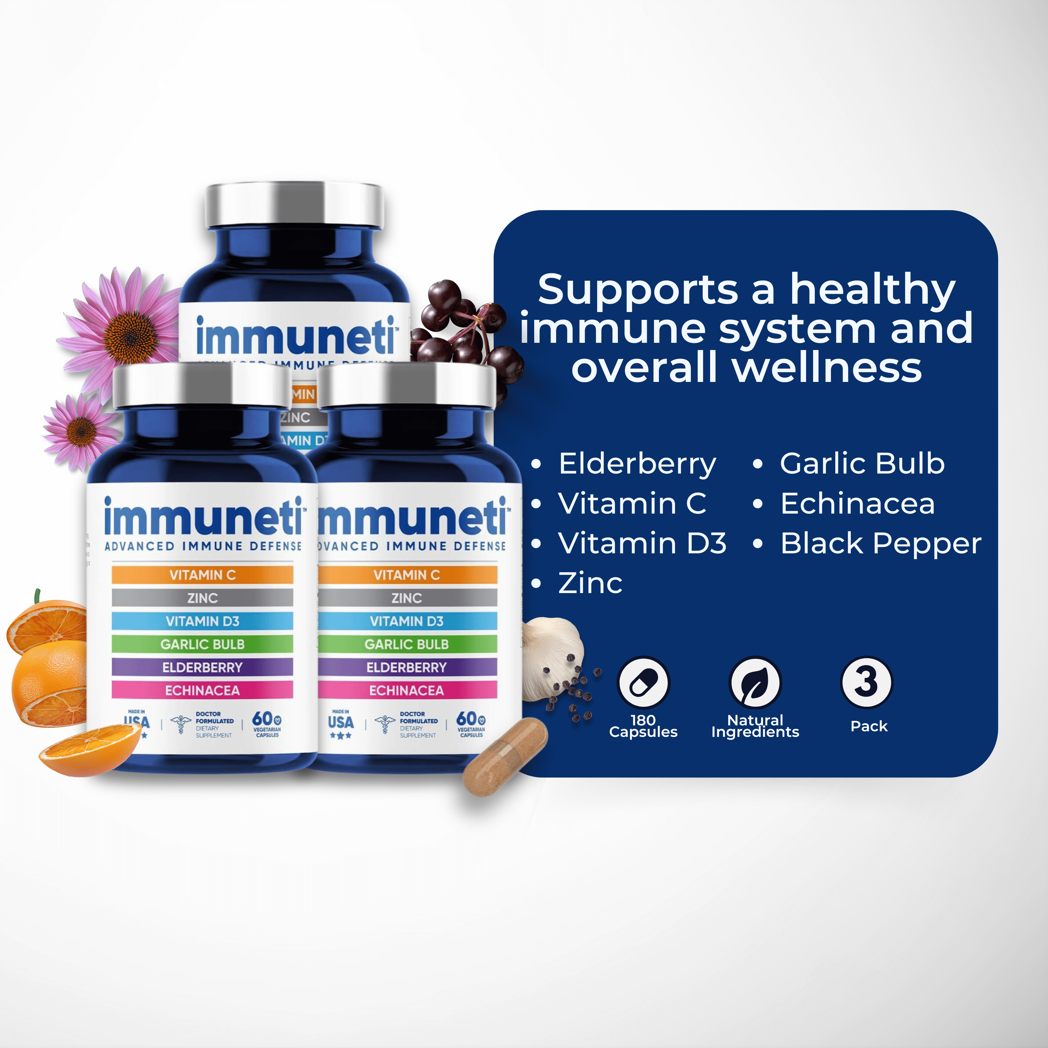 Immuneti Advanced Immune Defense - 6-in-1 Blend of Vitamin C, D3, Zinc, Elderberries, Garlic ...