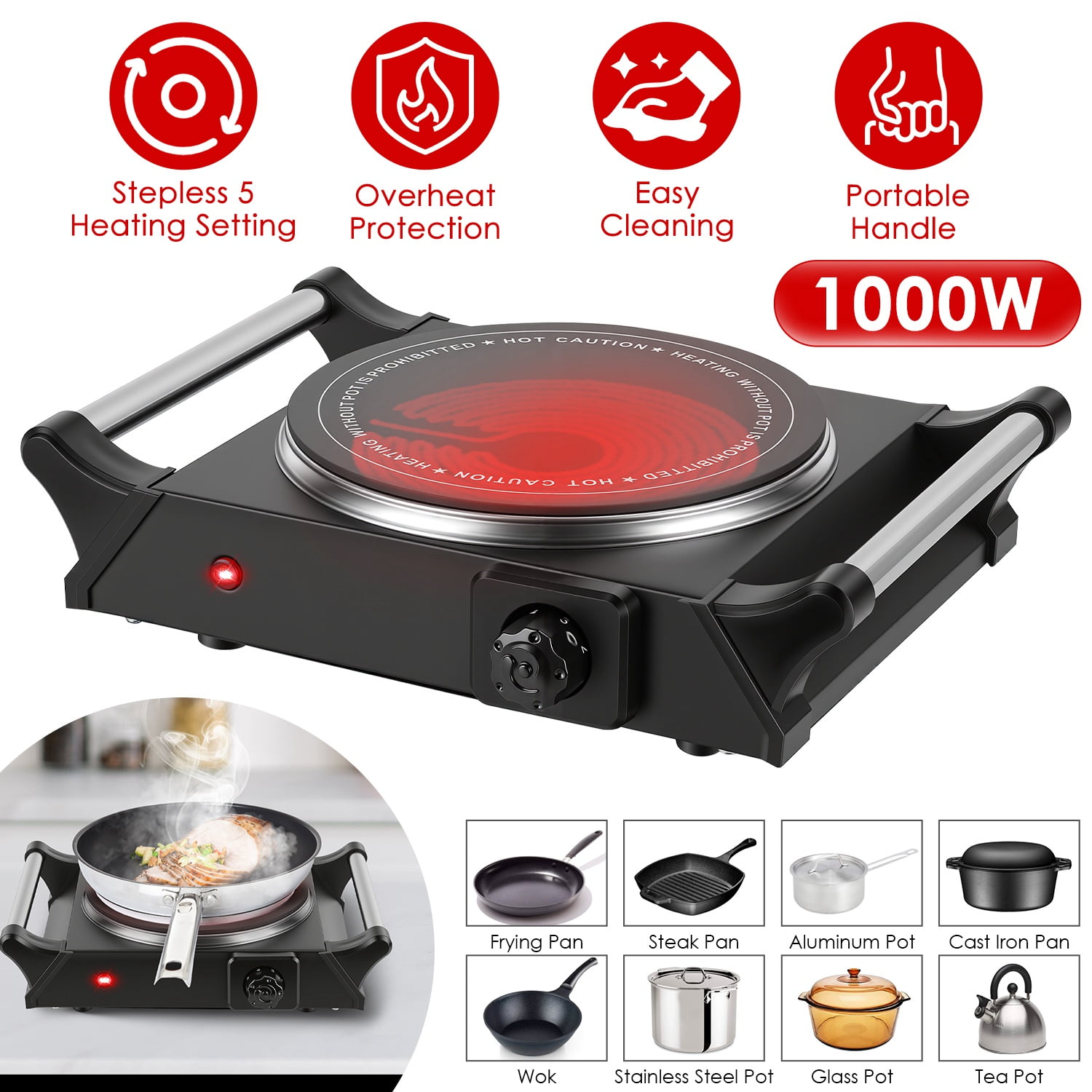 Imountek 1000W Portable Electric Single Burner, Countertop Hot Plate ...