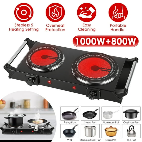 Imountek 1800W Portable Electric Double Burner, Countertop Hot Plate with 5 Temperature Stepless ...