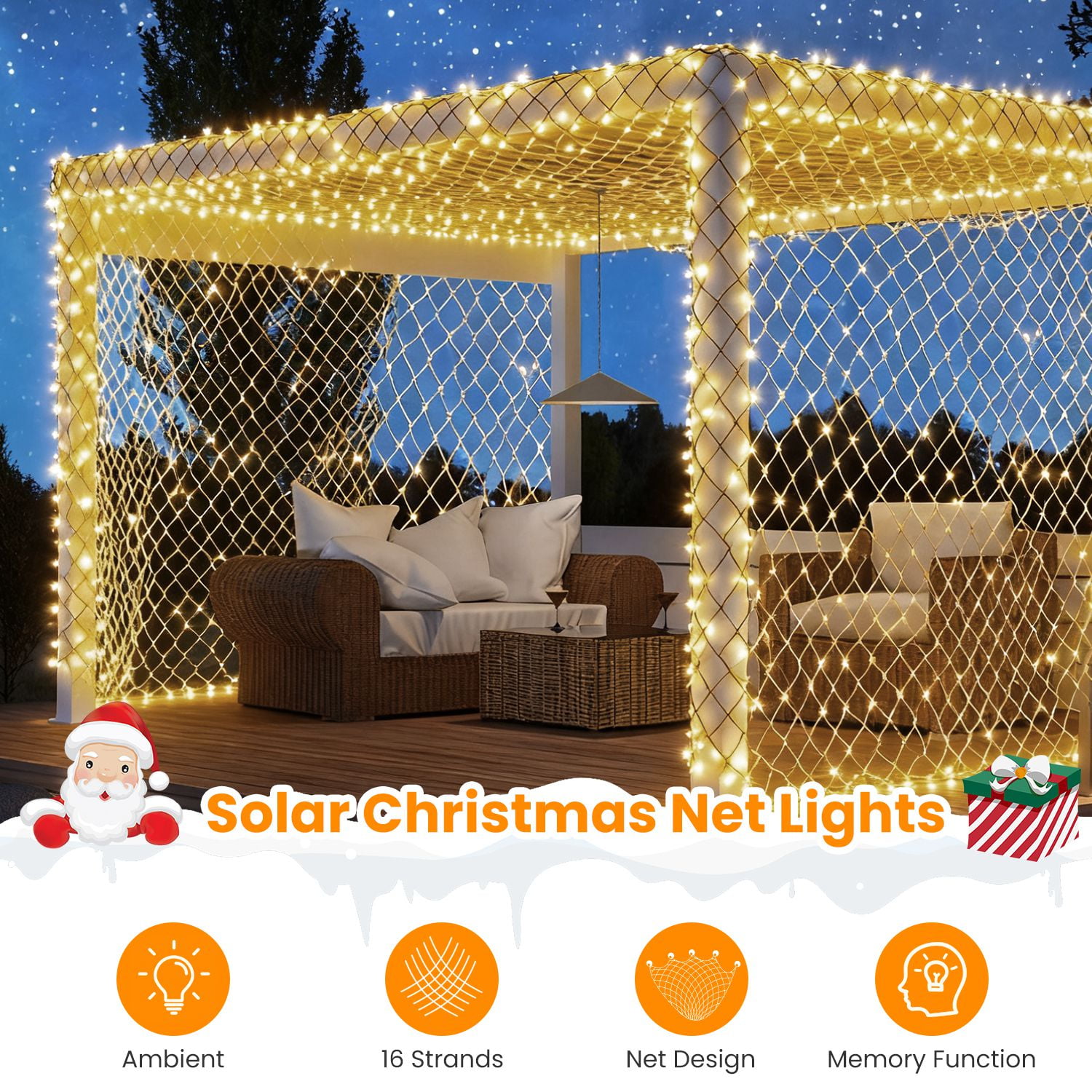 Imountek 192LED Solar Christmas Net Lights Outdoor, 9.84x6.56FT ...