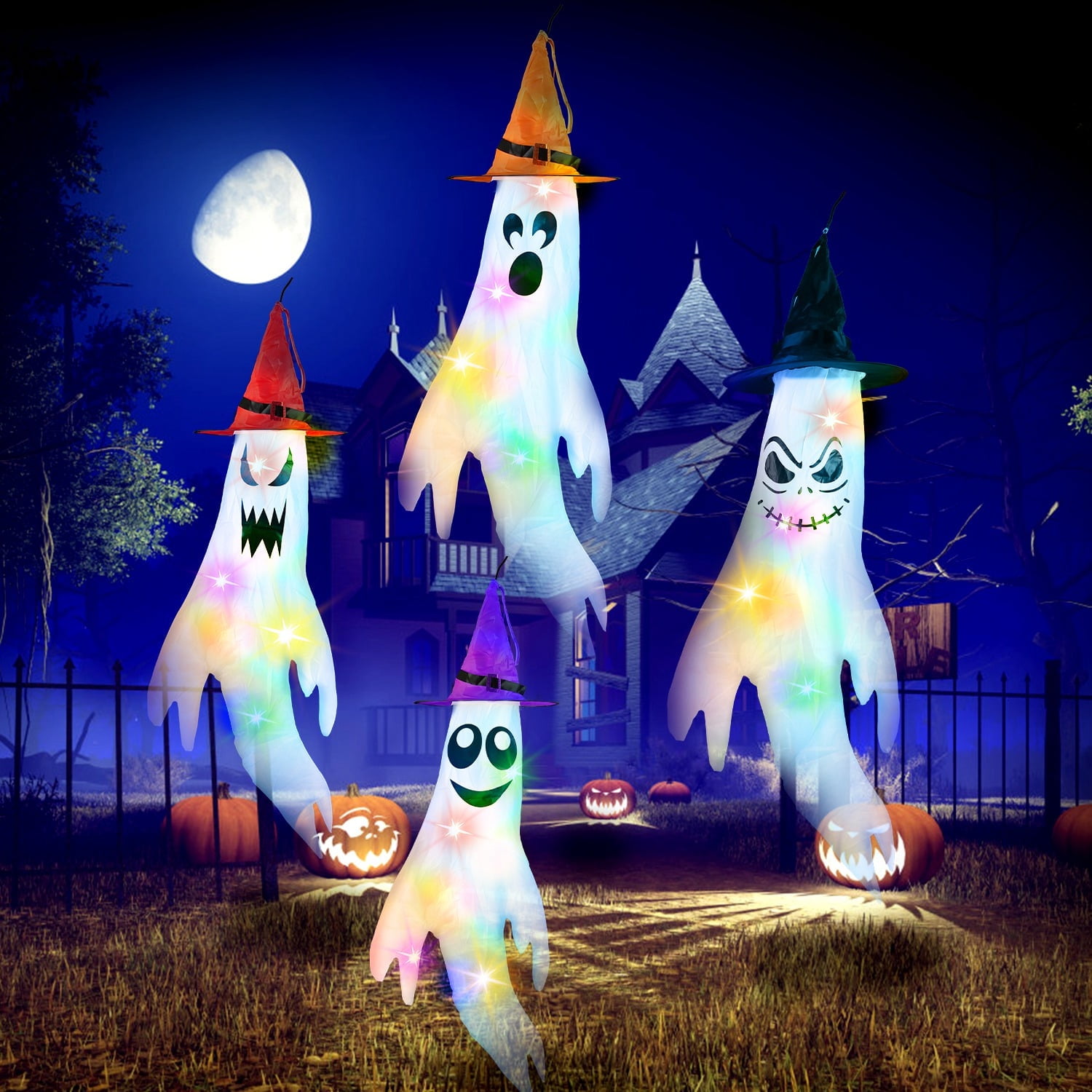 Imountek 4Pcs LED Halloween Ghost Windsocks with Witch Hats, Lighted ...