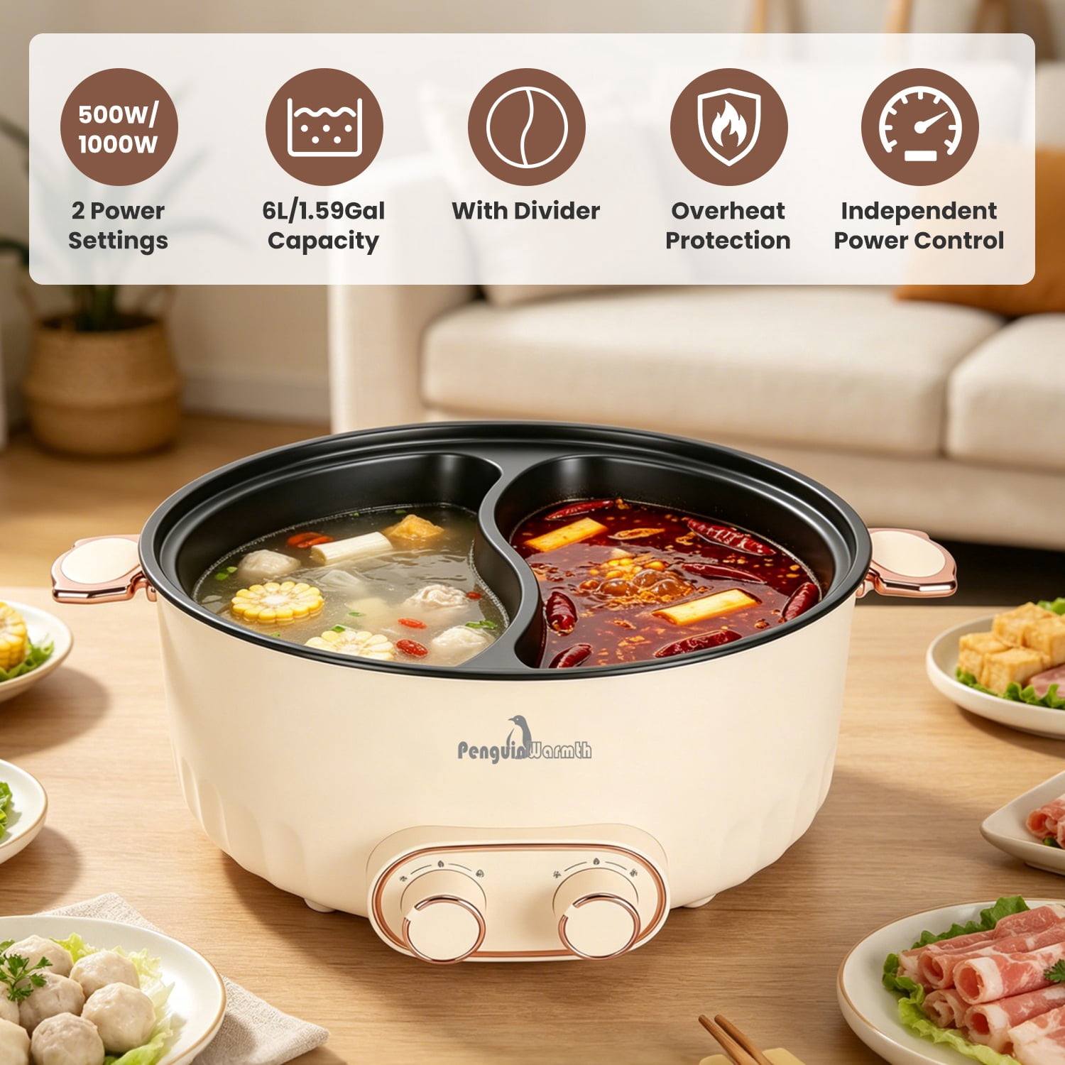 Imountek 6L Divided Electric Hot Pot, 2000W Stainless Steel Dual Flavor ...