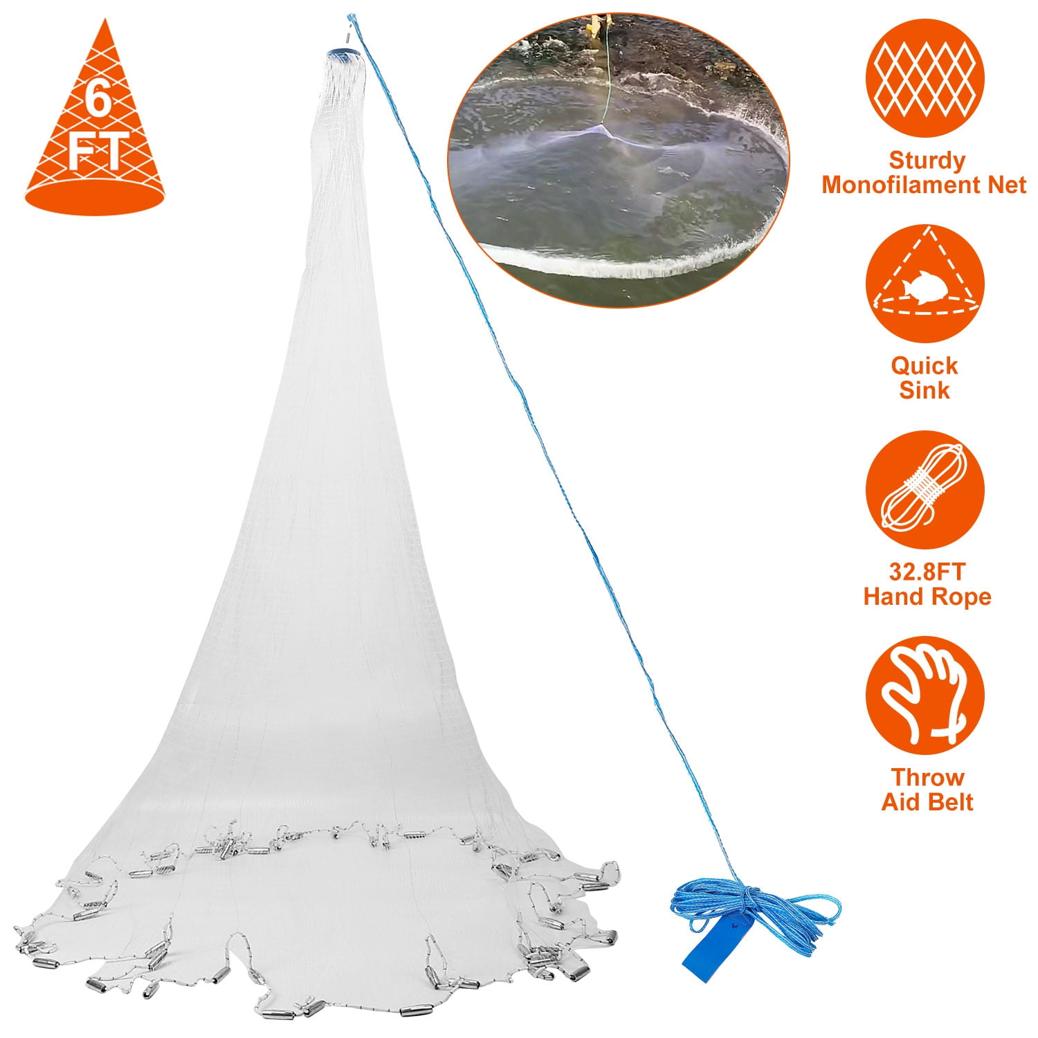 Imountek 6ft Radius Heavy Duty Fishing Cast Net with Chain Sinker, Easy ...