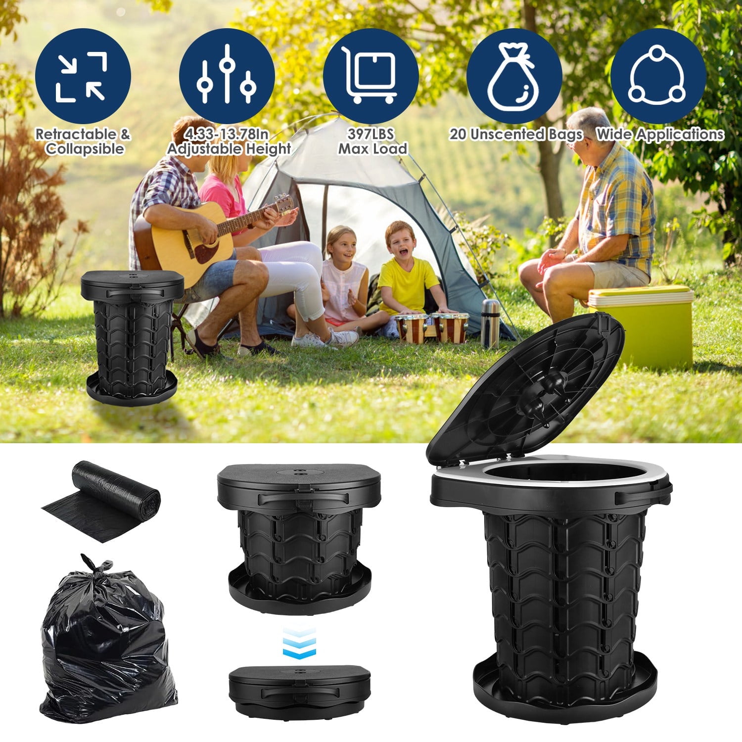 Imountek Retractable Portable Camping Toilet for Adults, Adjustable ...