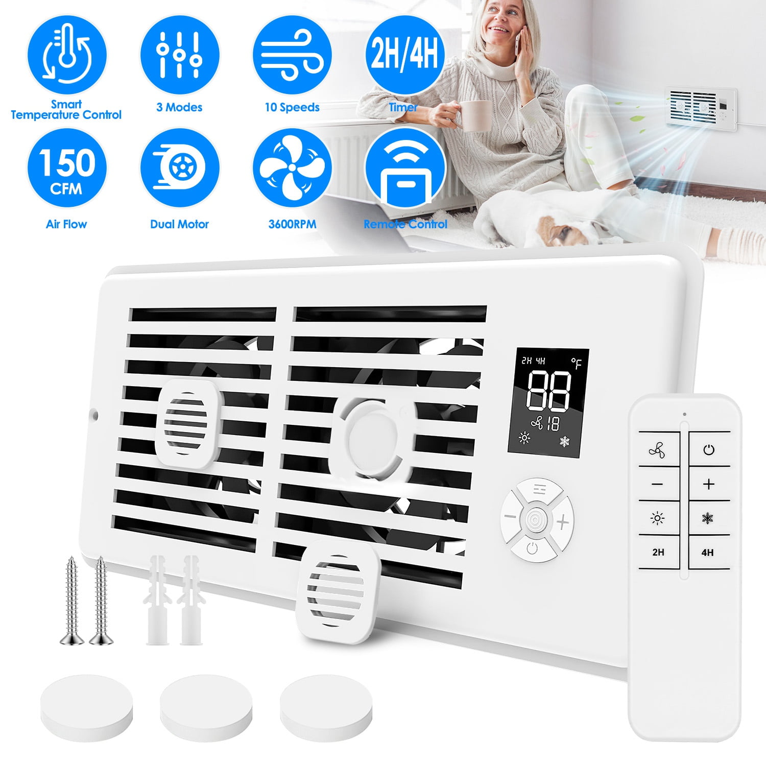 Imountek Smart Register Booster Fan for 4"x10" Vents, 3 Modes, 10 ...