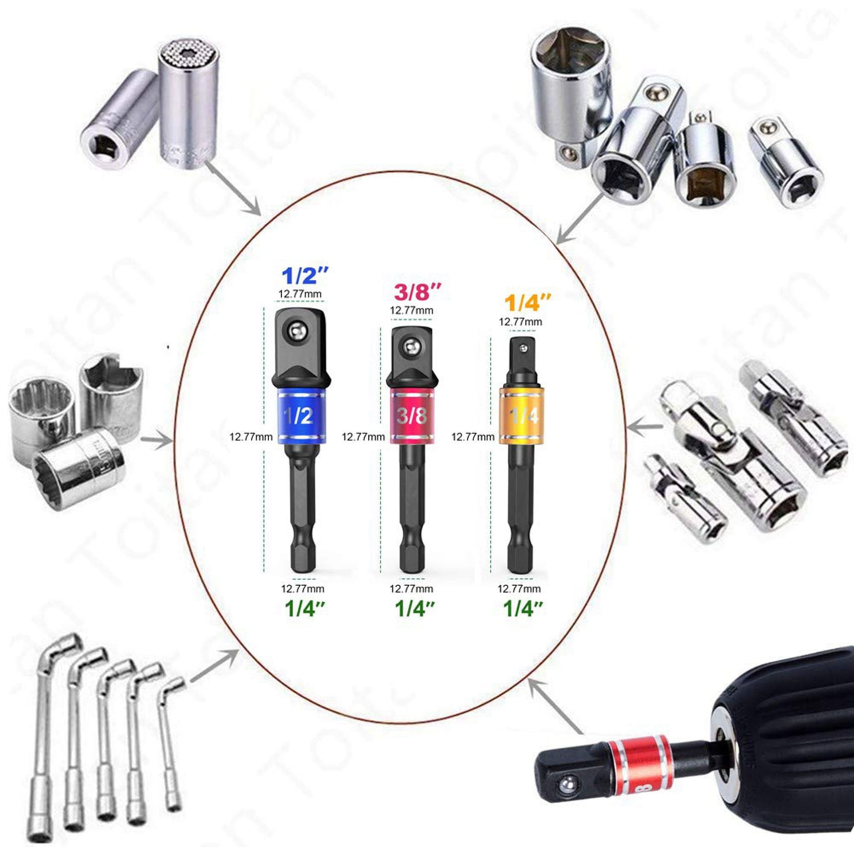 Impact Grade Power Hand Tools Driver Sockets Adapter Extension Set, 6Pcs Hex Shank Drill Nut Bit ...