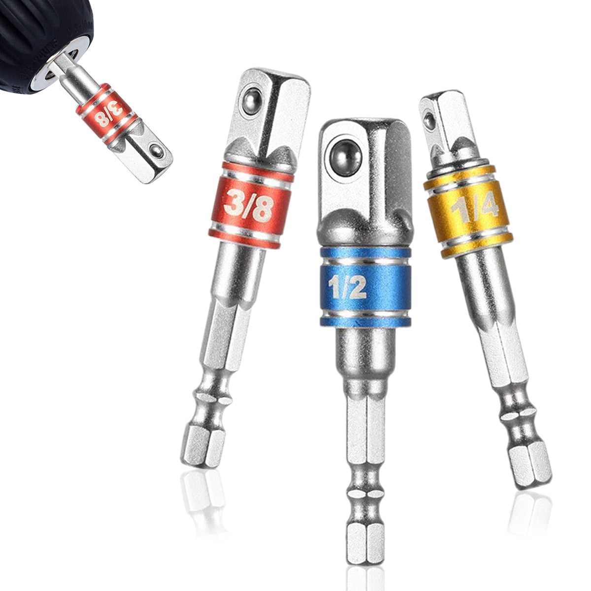 Impact Socket Adapter Set, Hex Shank to Drill Chuck Adapters, 1/4, 3/8 ...