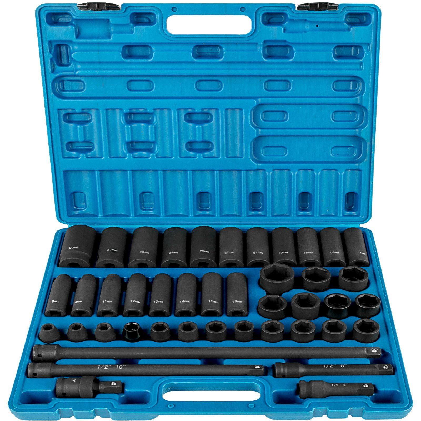 Impact Socket Set 1/2 Inches Drive 43-Piece Chrome Vanadium Alloy Steel 6-Point Standard and ...