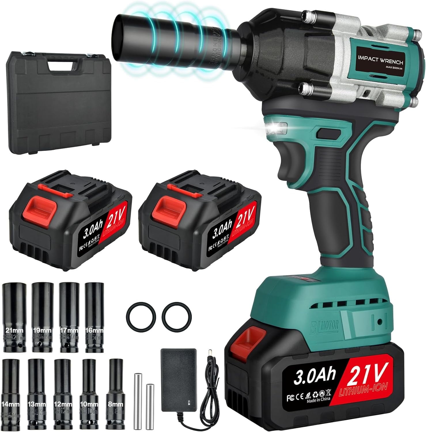 Cordless Impact Wrench 21V 500N.m with 9 Sockets, 2 Pack 3000mAh Li-Ion ...