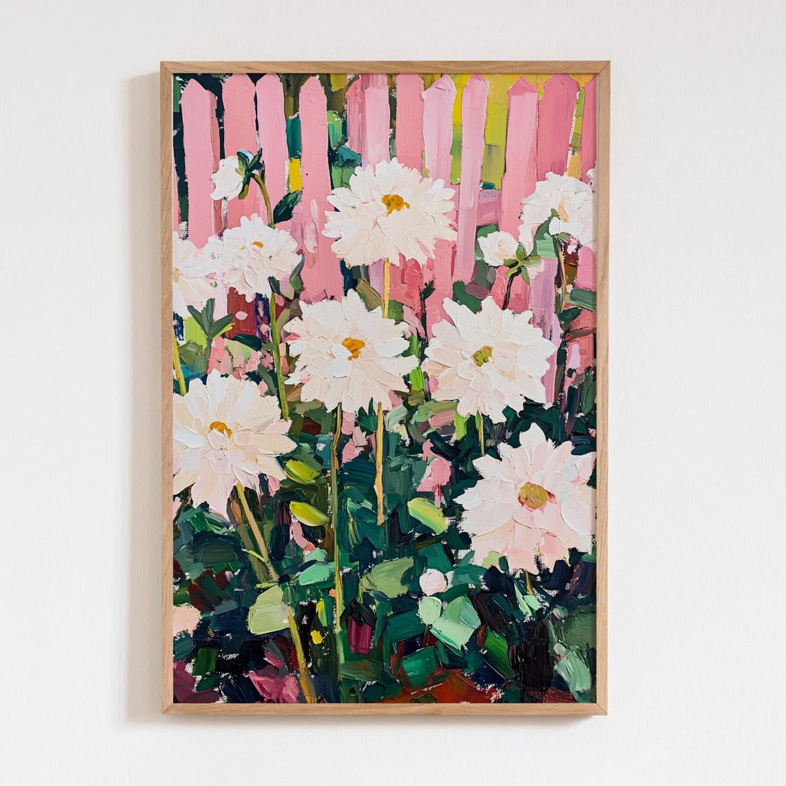 Impasto White Dahlia Style Textured Floral Pink Picket Fence Garden ...