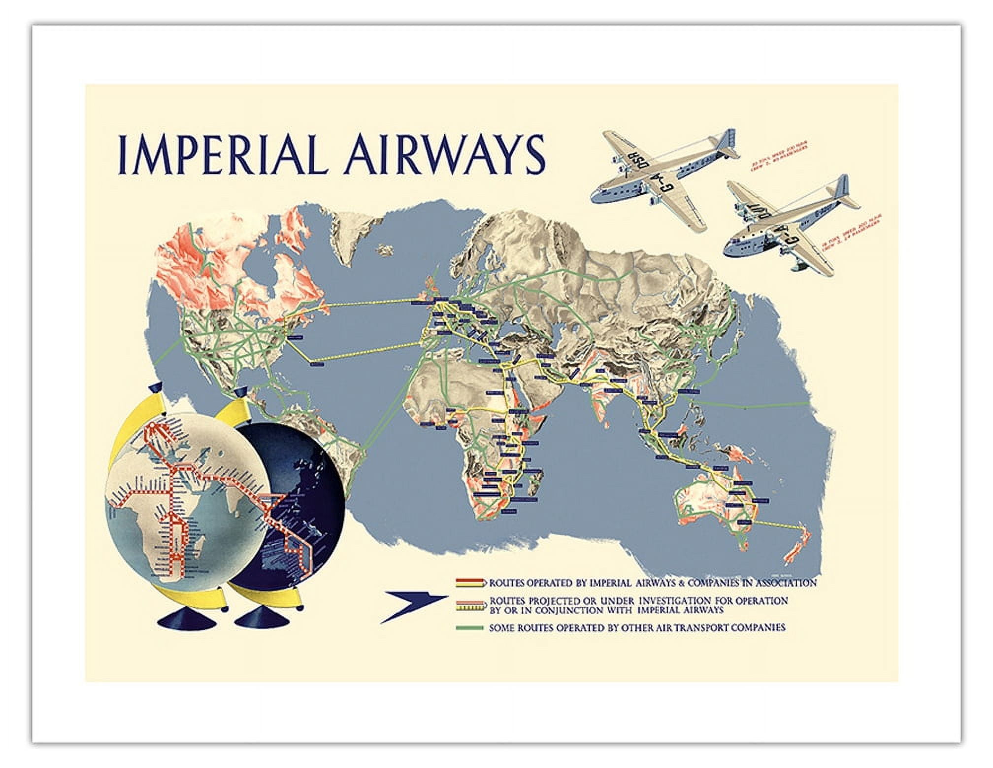 Imperial Airways - World Route Map - Vintage Airline Travel Poster by ...