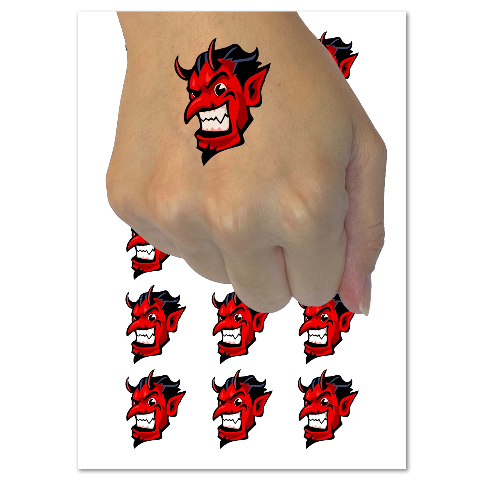 Impish Smiling Devil Demon with Horns Water Resistant Temporary Tattoo ...