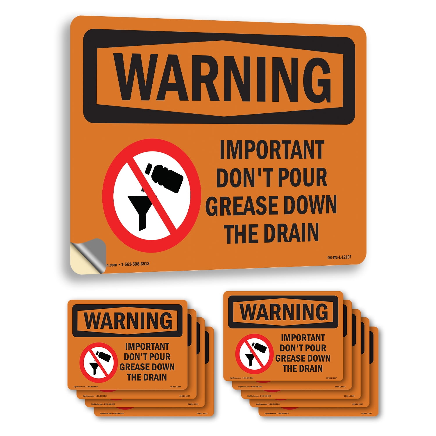 Important Don't Pour Grease With Symbol OSHA WARNING Vinyl Decal Label ...