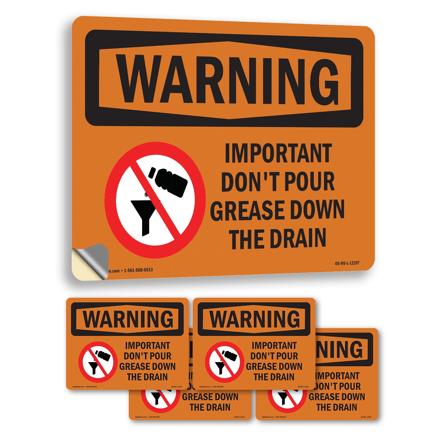 Important Don't Pour Grease With Symbol OSHA WARNING Vinyl Decal Label ...