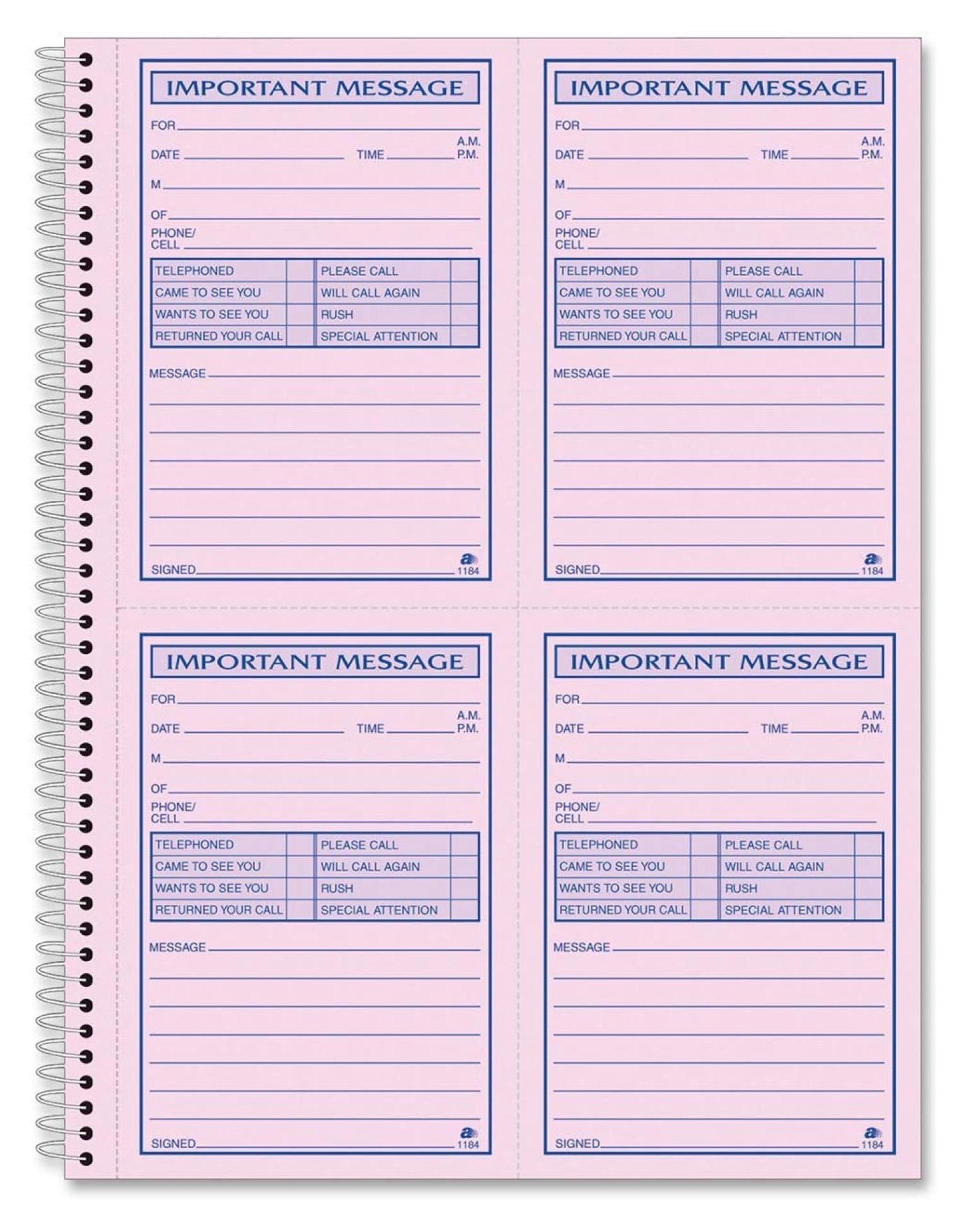 Important Message Book, Spiral, 2-Part, Carbonless, Pink/Canary, 8.25 x ...