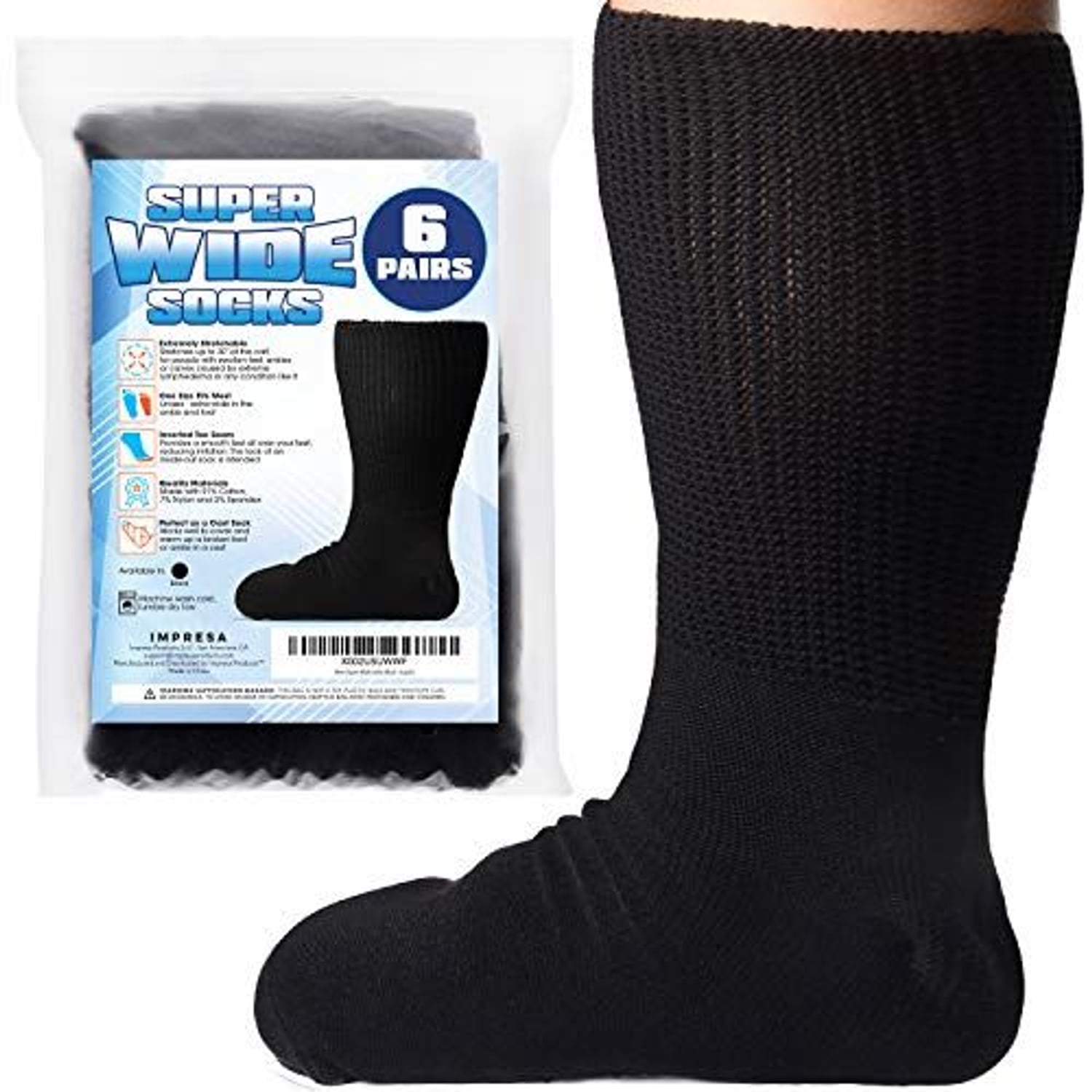 Impresa 6-Pack Extra Width Socks for Lymphedema - Loose Fit Bariatric ...