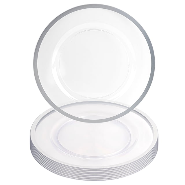Impresserve 13-inch Disposable Plastic Clear Charger Plates with Silver ...