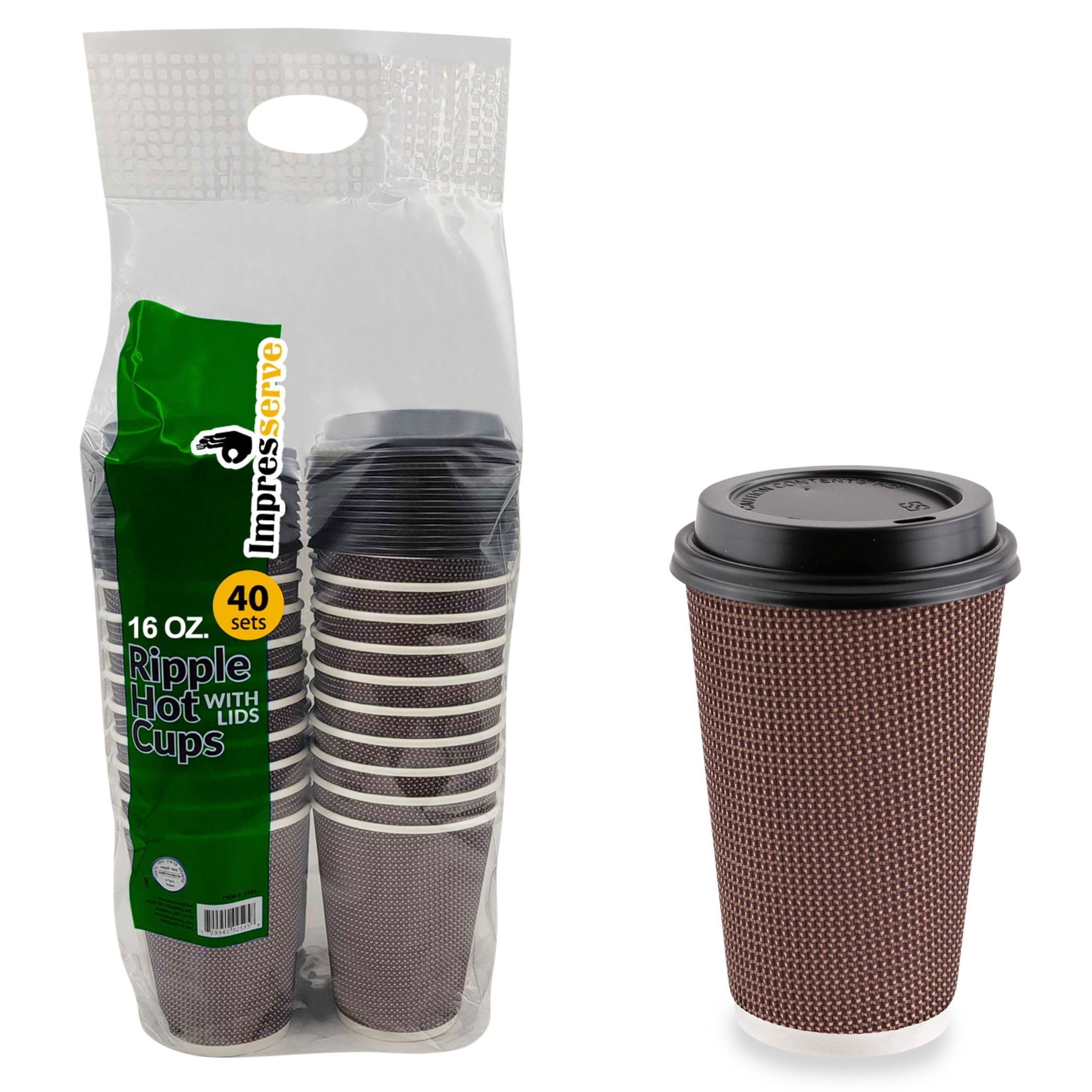 Impresserve 16oz Brown Insulated Paper Coffee Cups with Lids - 50 Count ...