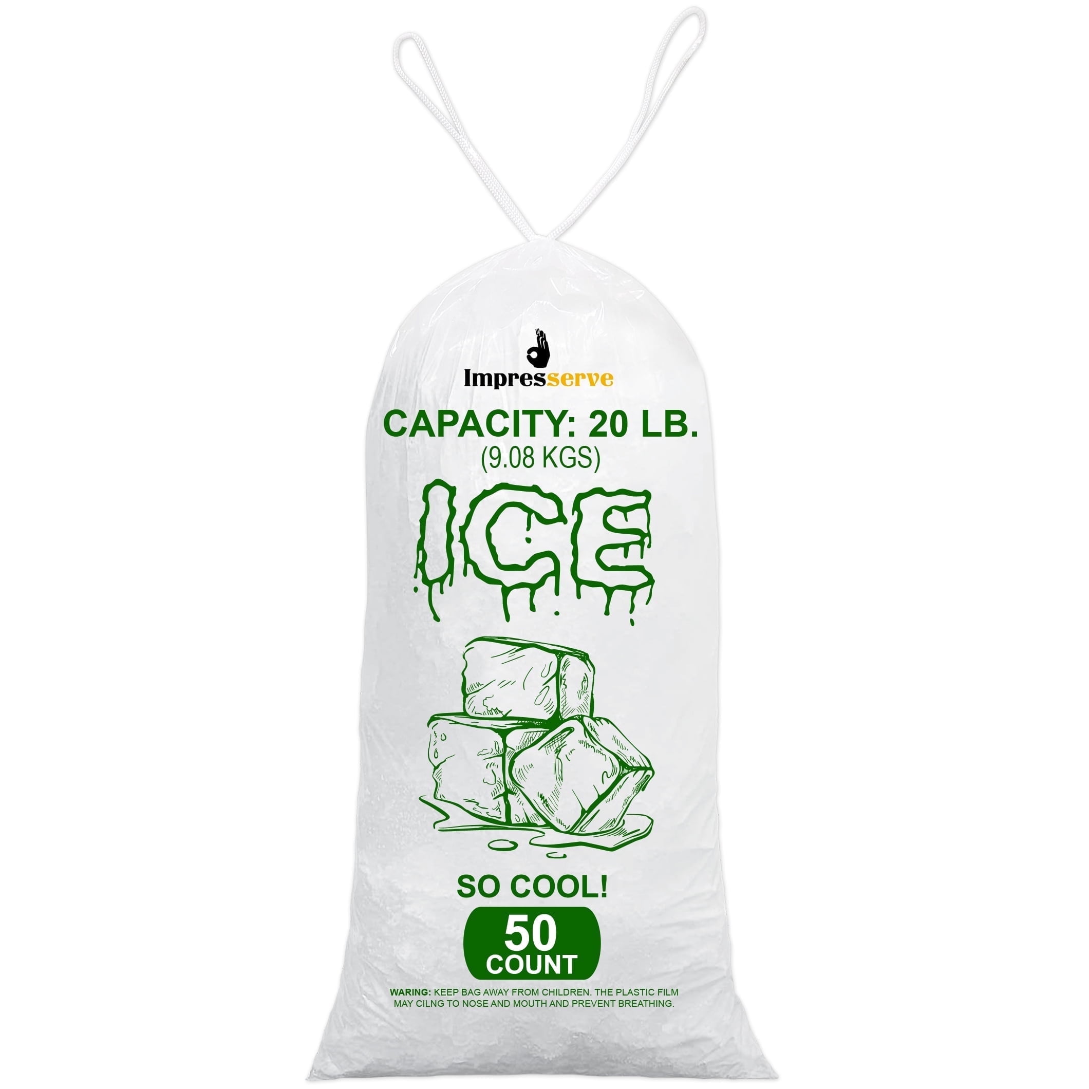 Impresserve 20lb Plastic Ice Bags with Drawstring Closure – 50 Count ...