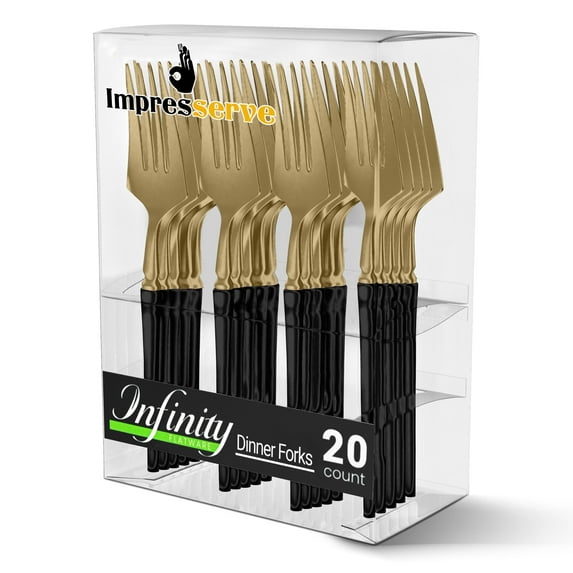 Impresserve Disposable Plastic Black Gold Dinner Forks, 20 Count ...