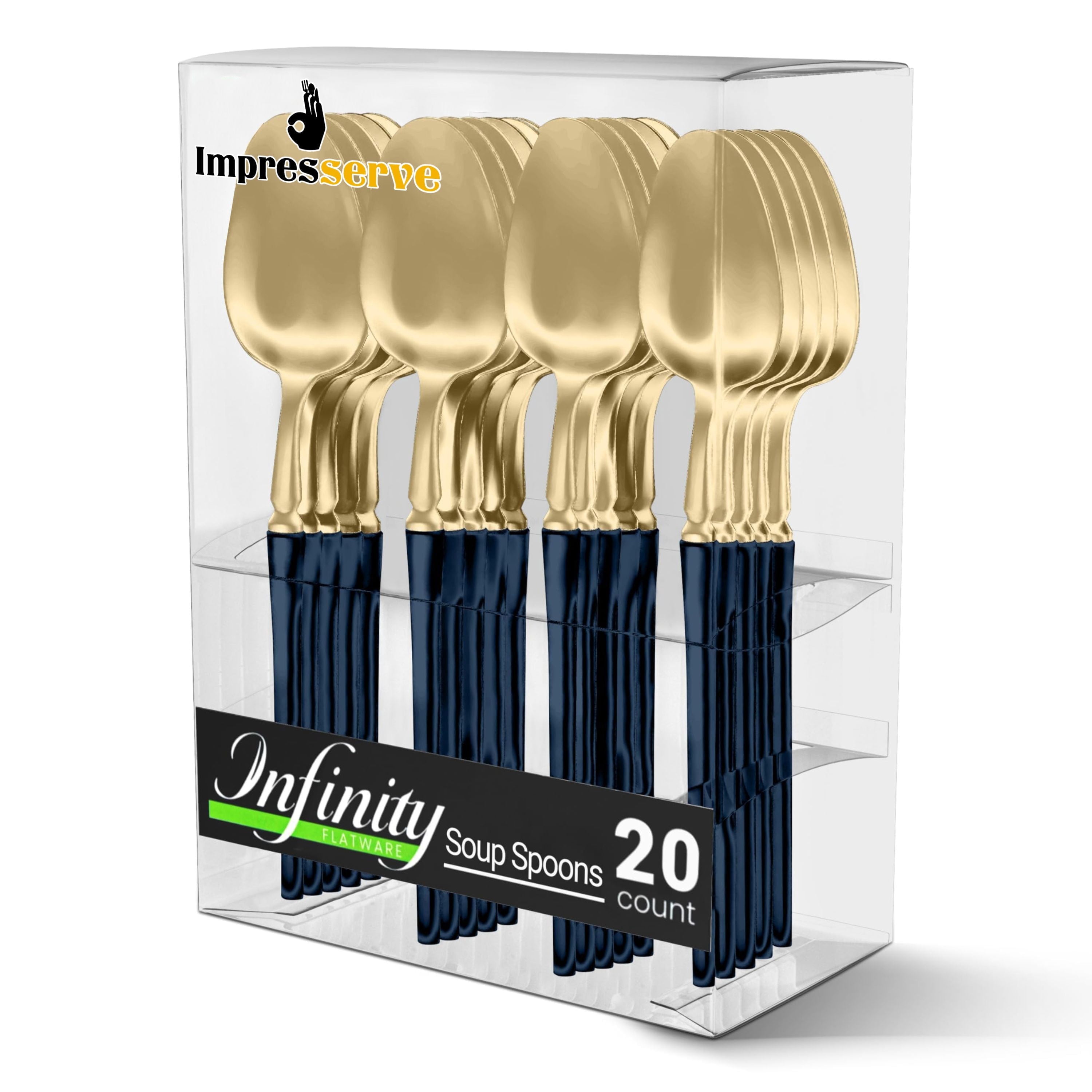 Impresserve Disposable Plastic Navy Gold Soup Spoons, Infinity Modern ...