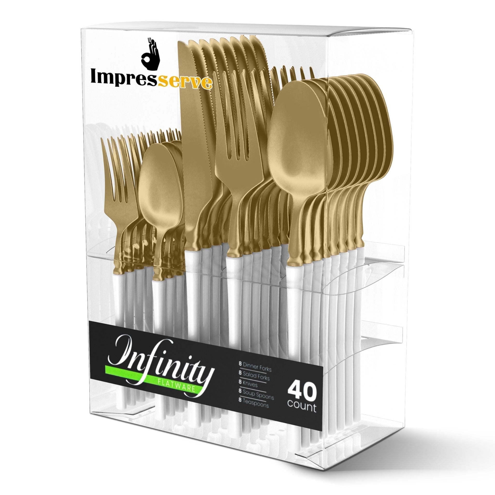 Impresserve Disposable Plastic White Gold Cutlery Set, Infinity Modern ...