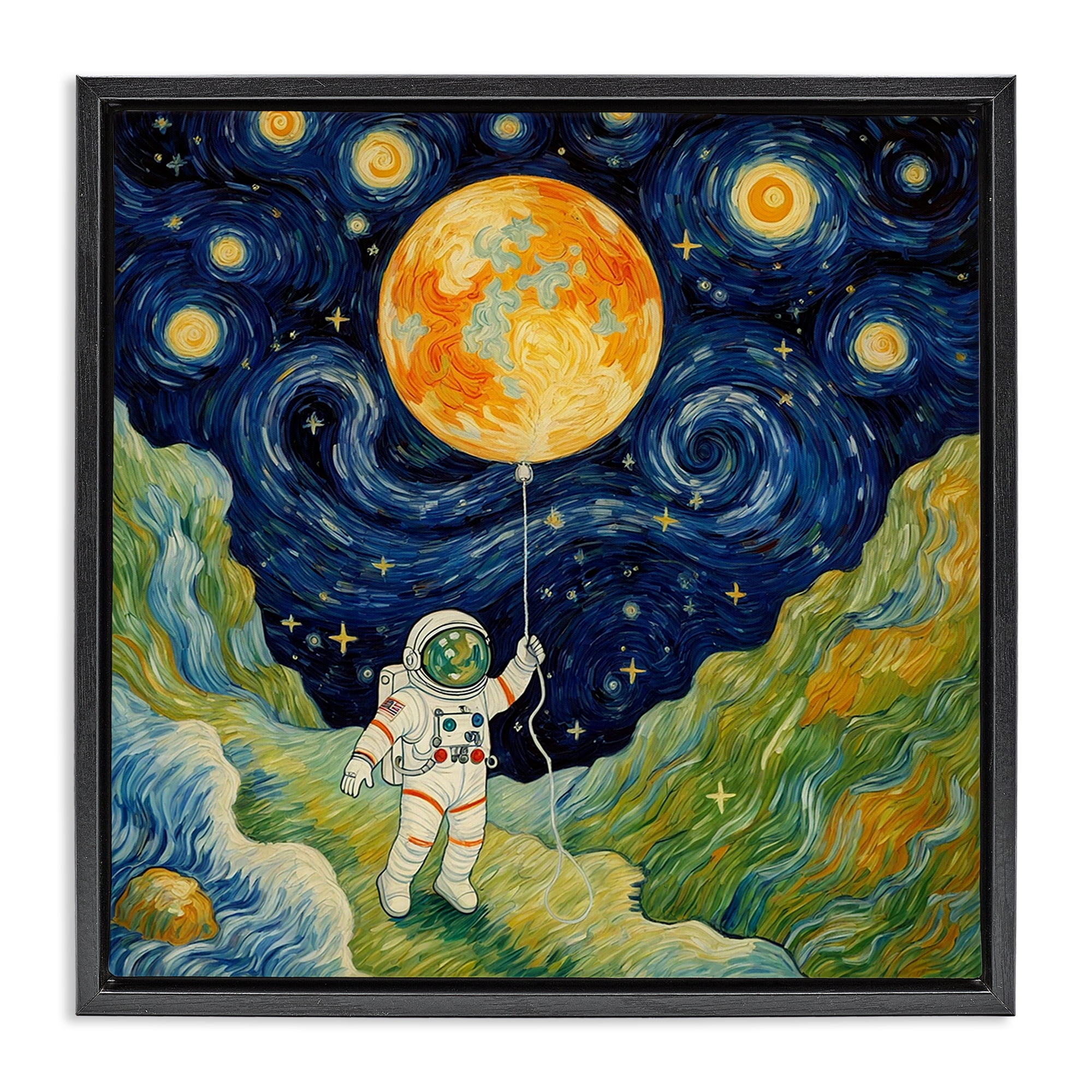 Impressionist Astronaut in Space Black Framed Floater Canvas Wall Art ...