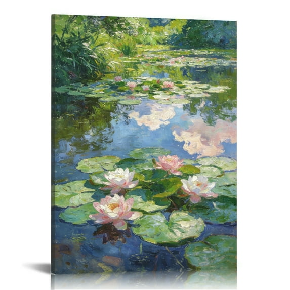 Impressionist Monet-Style Water Lily Pond Light & Shadow Printed Canvas Wall Art (Hidden Wooden ...