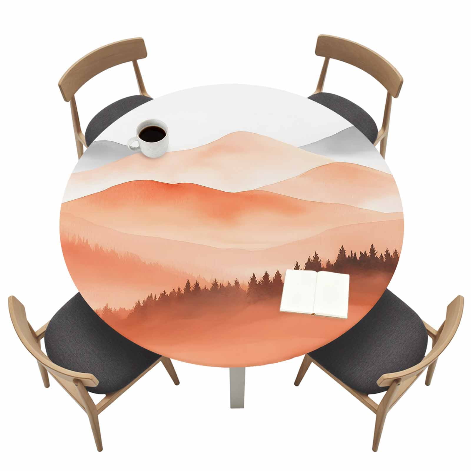 Impressionist Mountain Round Fitted Tablecloth with Elastic Edge Orange ...