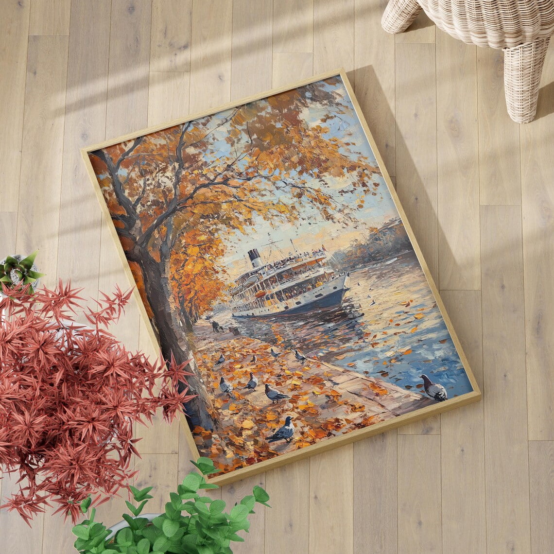 Impressionist Riverboat Docked At Autumn Embankment Poster Or, Fall Art ...