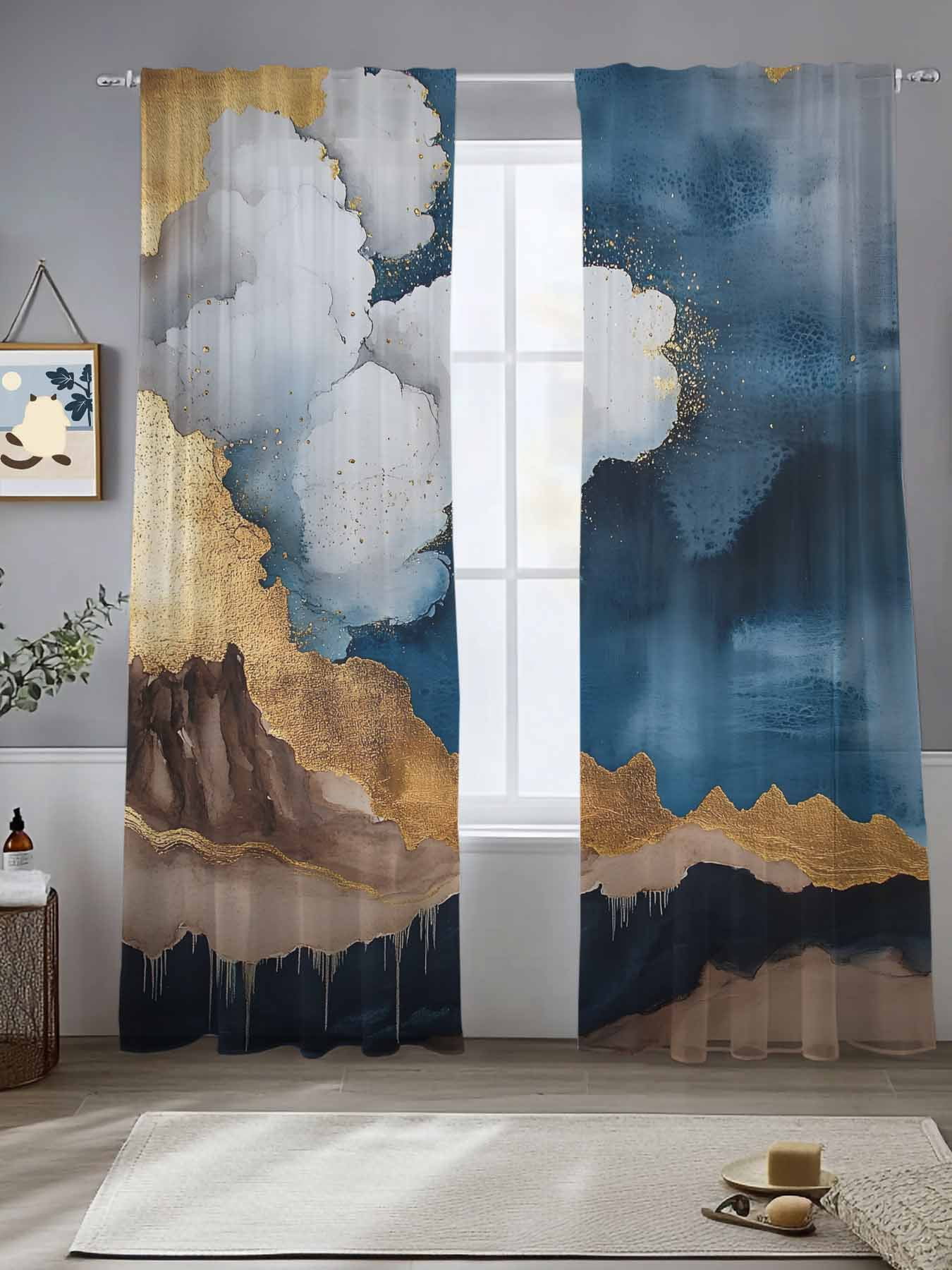 Impressionist Sheer Curtains 84 Inches Long 2 Panels Blue Gold Modern ...